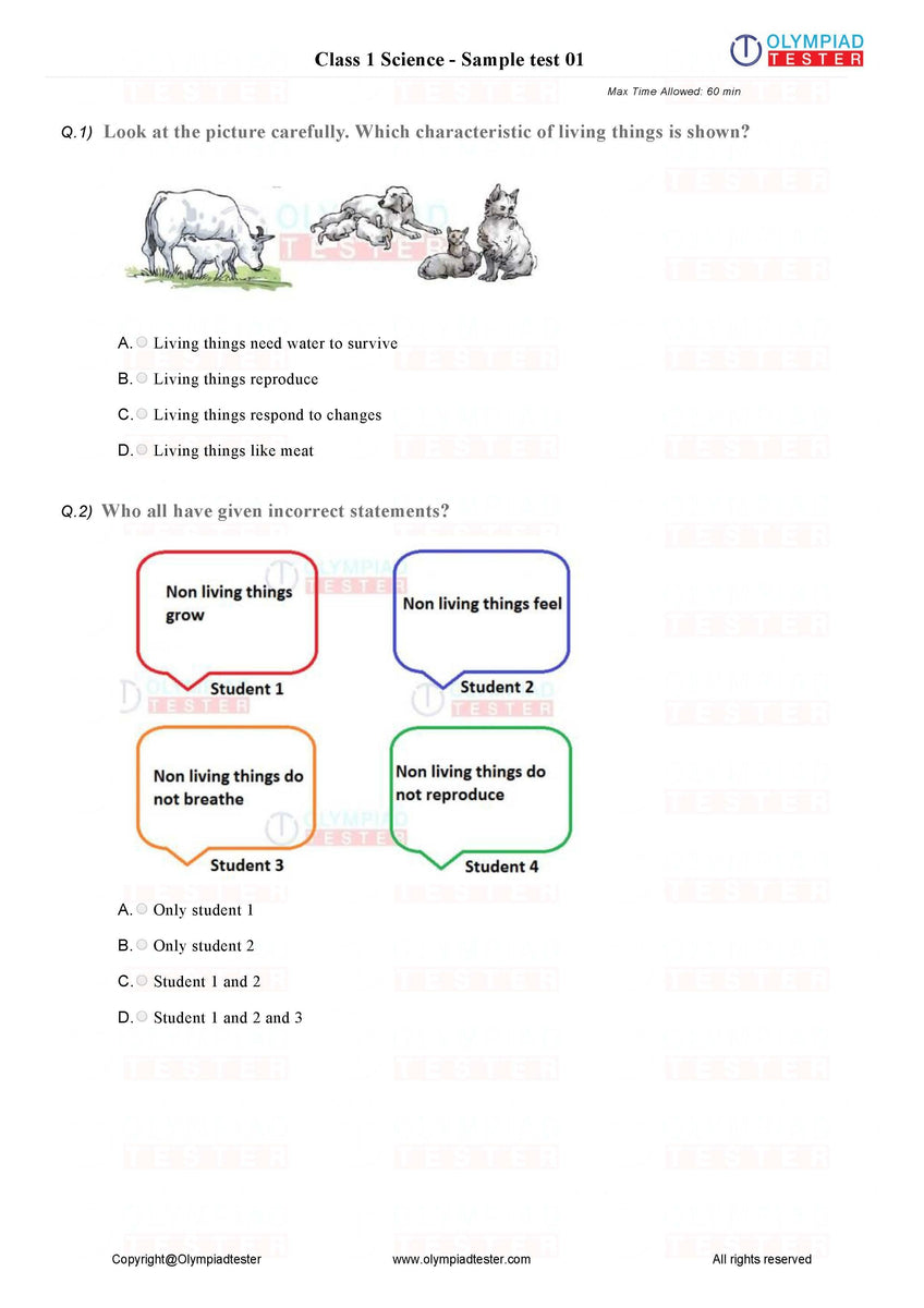 30 Printable Class 1 Science Olympiad Sample Papers | Olympiad tester